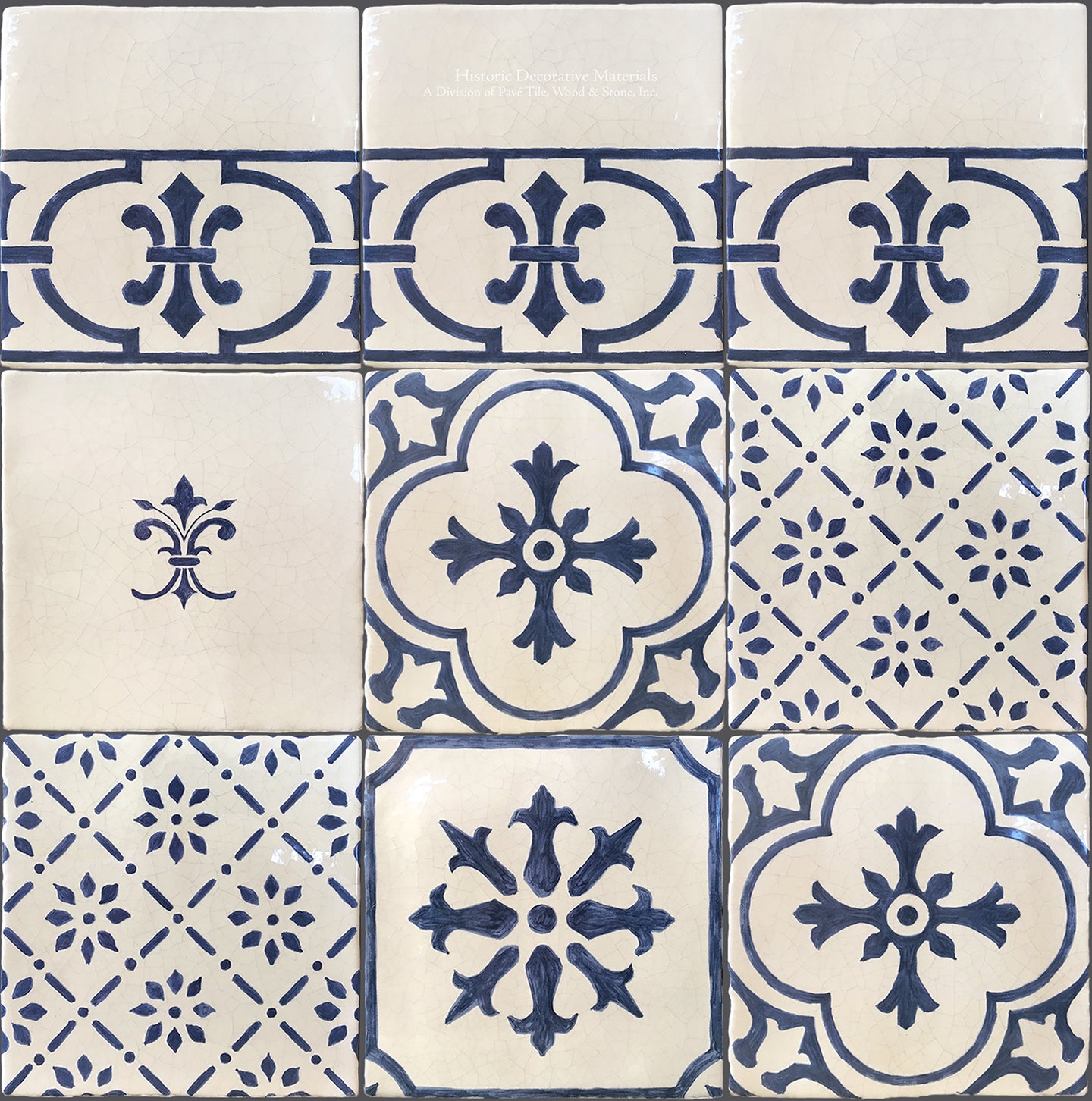 Hand painted glazed Vintage French blue fleur-de-lys border wall tile ...