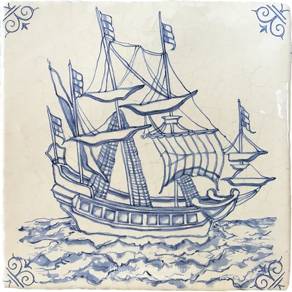 Delft tile | blue and white ceramic tiles| hand-painted trade ships ...